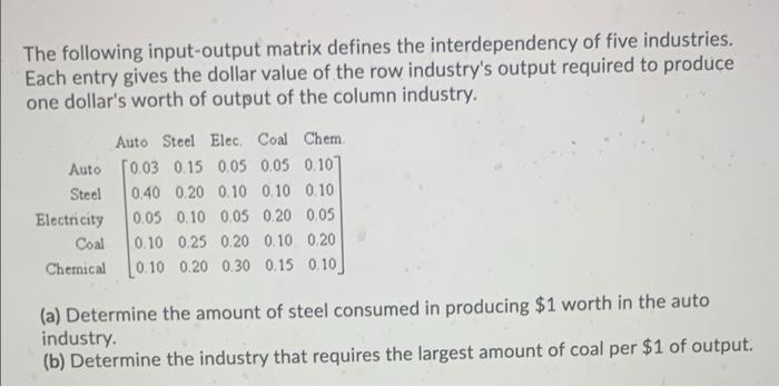 Solved The following input-output matrix defines the | Chegg.com
