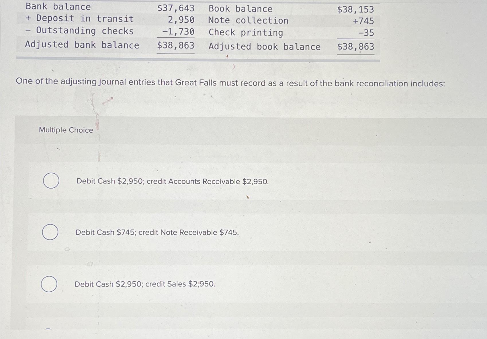 Solved \table[[Bank balance,$37,643,Book balance,$38,153 | Chegg.com