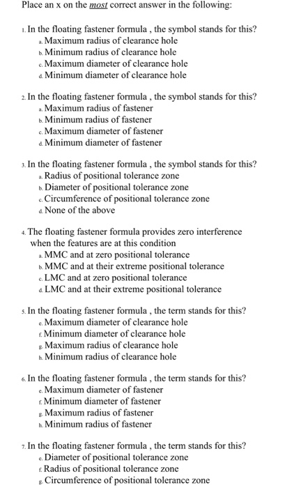 Place an x on the most correct answer in the | Chegg.com