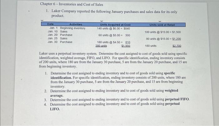 Chapter 6 - Inventories and Cost of Sales 1. Laker | Chegg.com