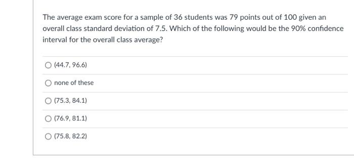 Solved The average exam score for a sample of 36 students | Chegg.com