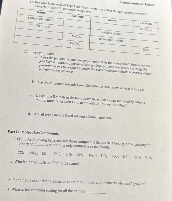 Solved 16. Use your knowledge of Type 1 and Type II metals | Chegg.com
