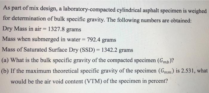Solved As part of mix design, a laboratory-compacted | Chegg.com
