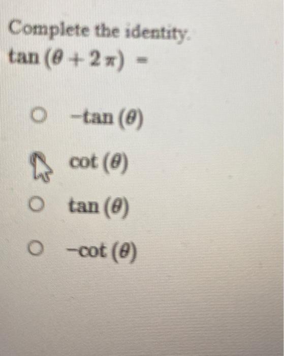 Solved Complete the identity. tan (@+29) o -tan (@) D cot | Chegg.com