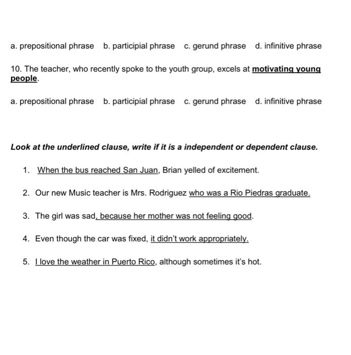 Phrases and Clauses Review Exercises Instructions: | Chegg.com