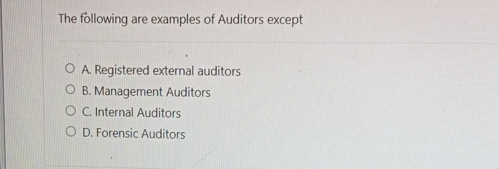 Solved The following are examples of Auditors except A. | Chegg.com