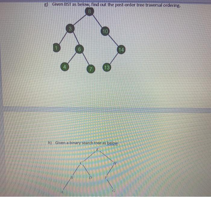 Solved g) Given BST as below, find out the post-order tree | Chegg.com