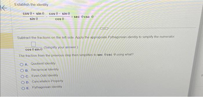 Solved K Establish the identity. cos 0 + sin 0 sin 0 cos 0 | Chegg.com