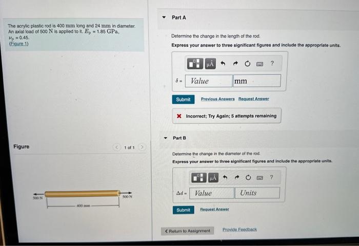 Solved The acrylic plastic rod is 400 mm long and 24 mm in | Chegg.com