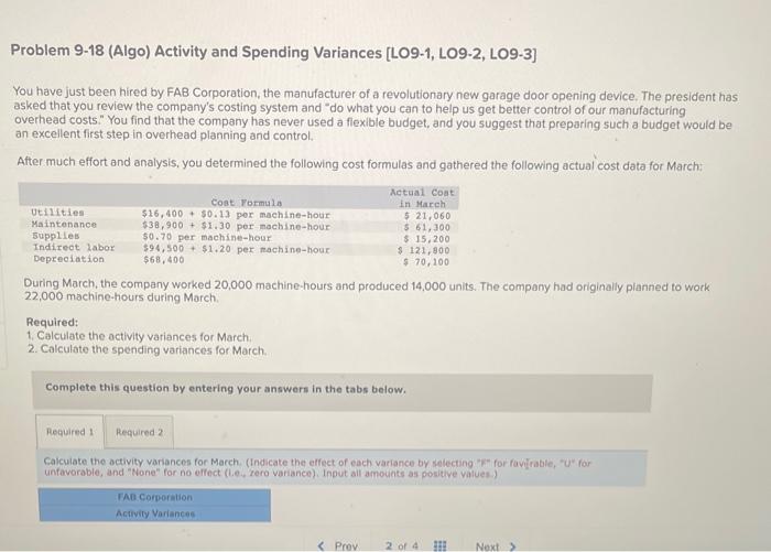Solved Problem 9-18 (Algo) Activity and Spending Variances | Chegg.com
