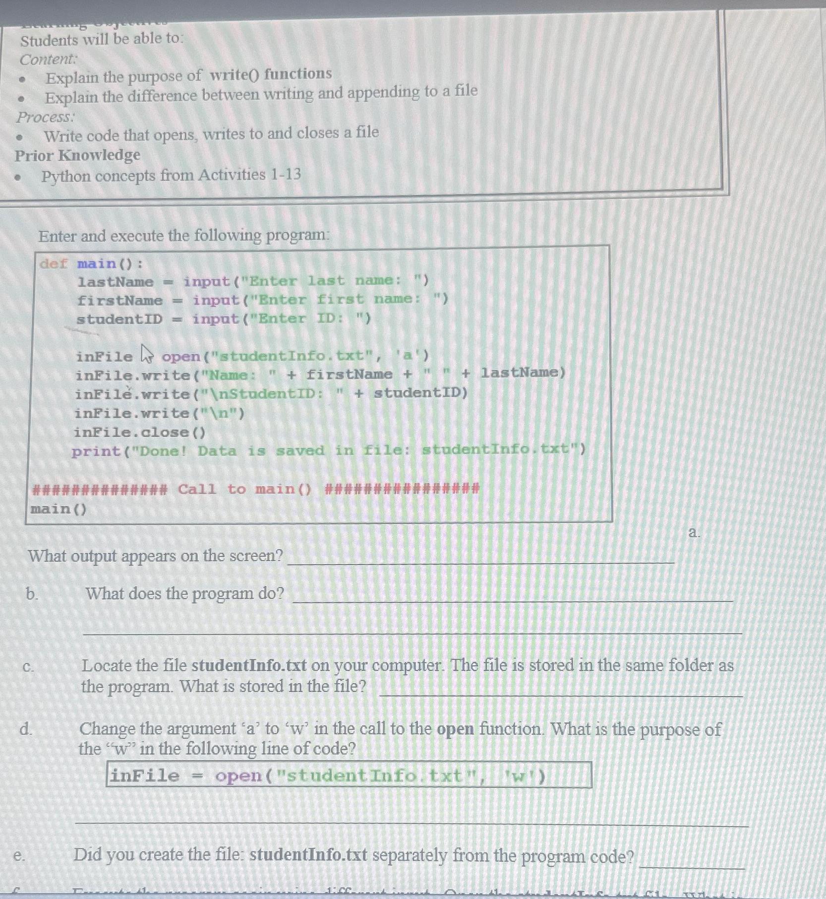 Solved Students will be able to:Content:Explain the purpose | Chegg.com