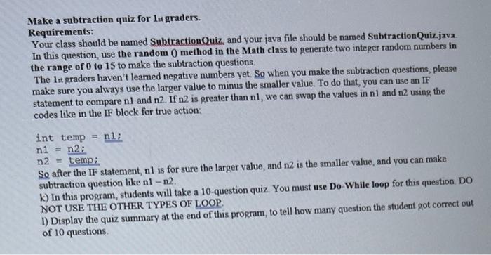 Solved Make a subtraction quiz for 1st qraders. | Chegg.com