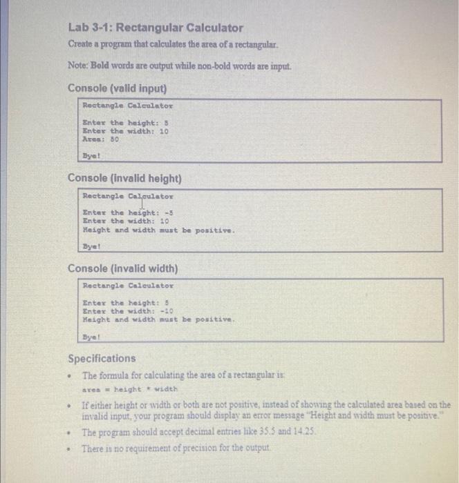 Solved Lab 3-1: Rectangular Calculator Create a program that | Chegg.com