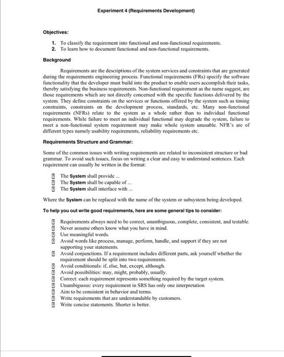 Solved Experiment 4 (Requirements Development) Objectives: | Chegg.com