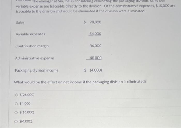 Solved variable expense are traceable directly to the | Chegg.com
