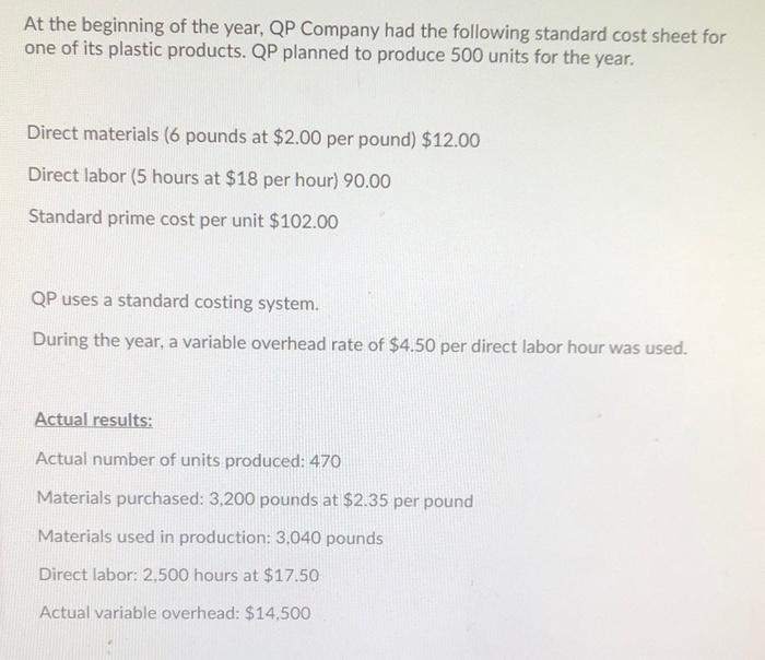 Solved At the beginning of the year, QP Company had the | Chegg.com