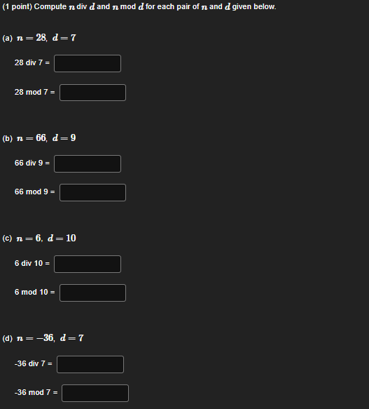 Solved (1 ﻿point) ﻿Compute n ﻿div d ﻿and n ﻿mod d ﻿for each | Chegg.com
