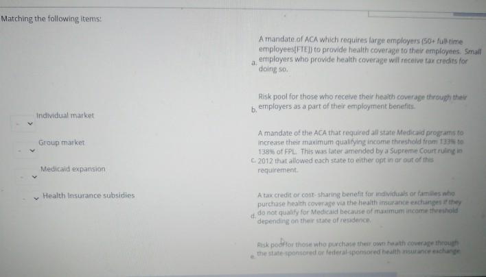 Solved Matching the following items! Amandate of ACA which | Chegg.com