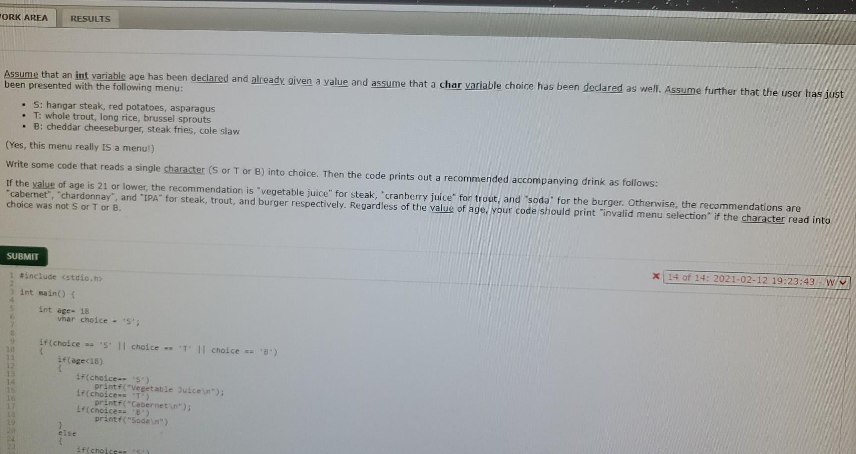 Solved Tork Area Results Assume That An Int Variable Age Has