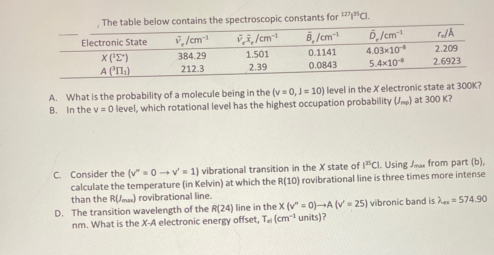 Solved The table below contains the spectroscopic constants | Chegg.com
