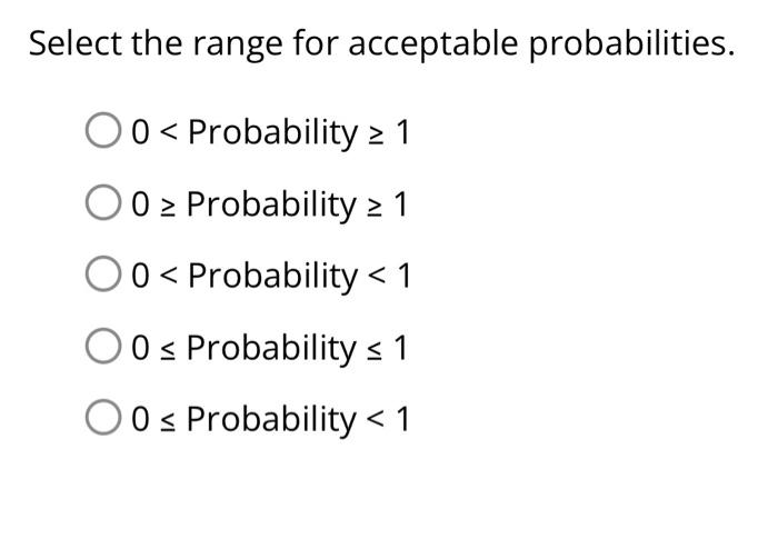 Solved Select the range for acceptable probabilities. 0