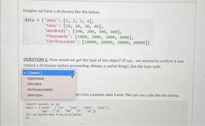 Solved Imagine we have a dictionary like the below. data = | Chegg.com