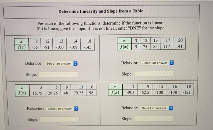 Solved Determine Linearity and Slope from a Table For each | Chegg.com