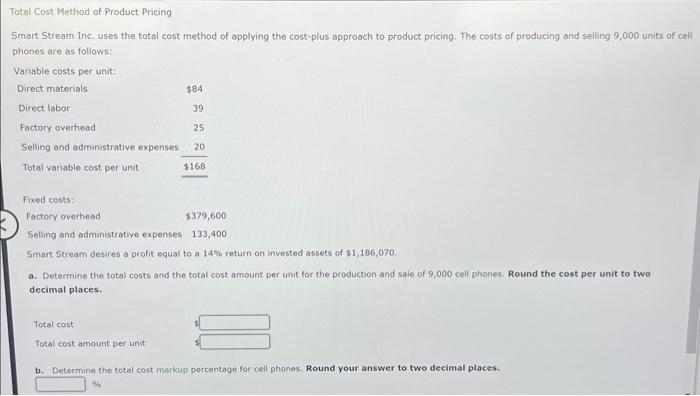 Solved Total Cost Method of Product Pricing Smart Stream | Chegg.com
