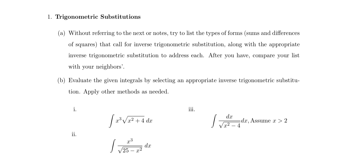 Solved Trigonometric Substitutions(a) ﻿Without referring to | Chegg.com