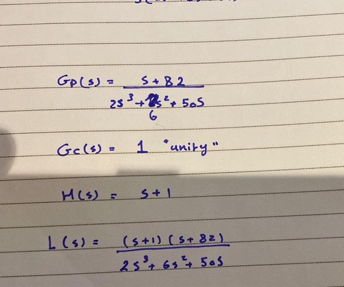 Solved Gp(s)=2s3+6z+50ss+82 Gc2(s)=1 "unity" H(s)=s+1 | Chegg.com