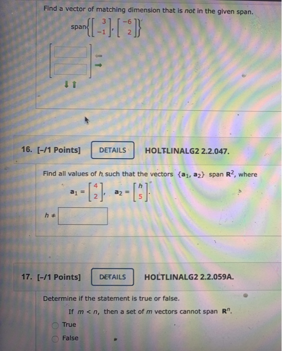 Solved Find a vector of matching dimension that is not in | Chegg.com