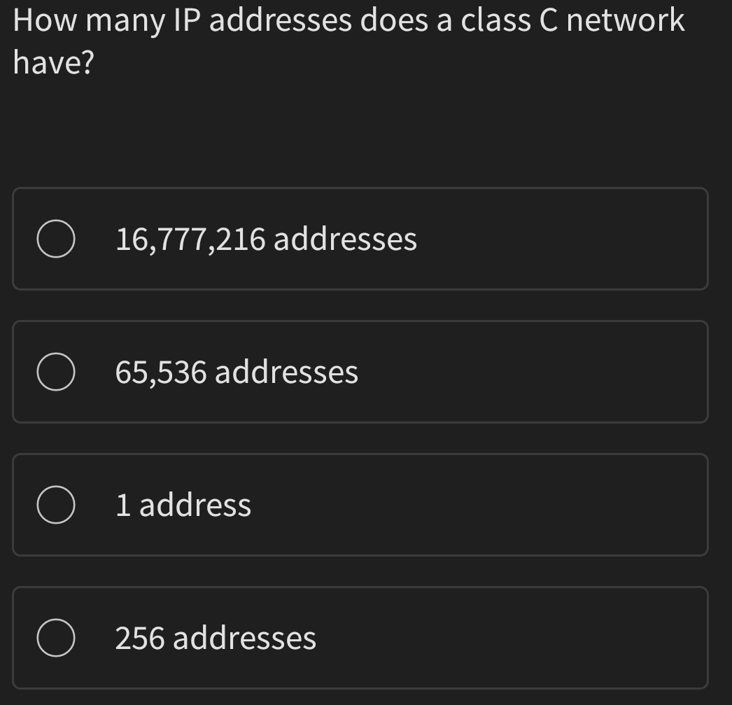 Solved How many IP addresses does a class C ﻿network | Chegg.com