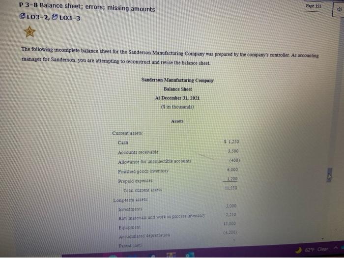 Solved Page 155 P 3-8 Balance sheet; errors; missing amounts | Chegg.com