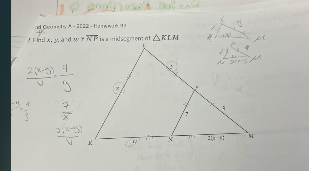 Find x,y, ﻿and w ﻿if ?bar (NP) ﻿is a midsegment of | Chegg.com