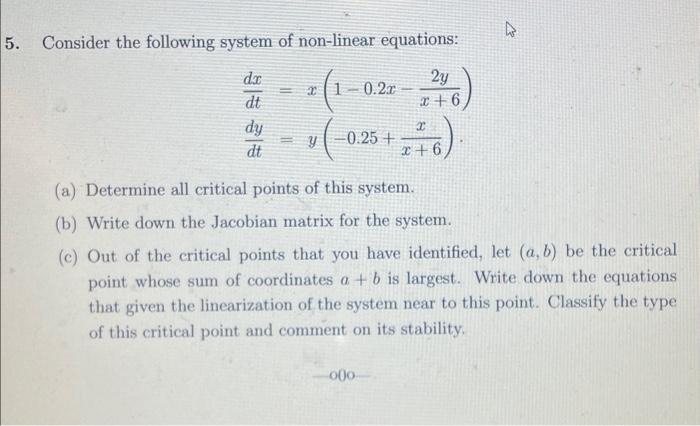 Solved Consider The Following System Of Non Linear