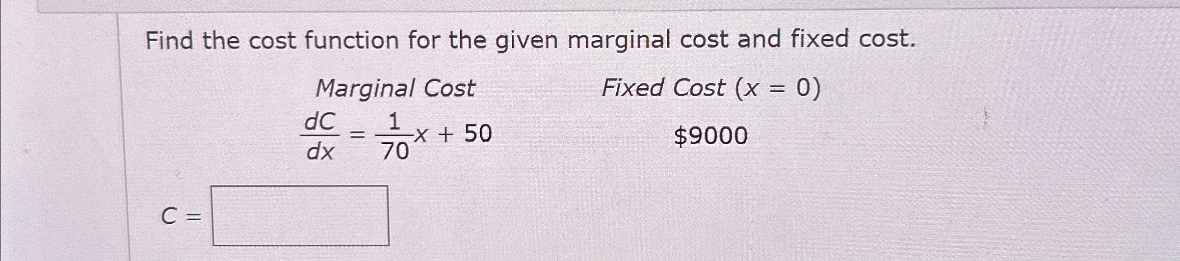 Solved Find the cost function for the given marginal cost | Chegg.com
