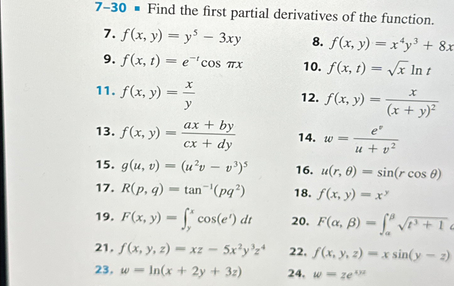 Solved 7-30 - ﻿Find the first partial derivatives of the | Chegg.com