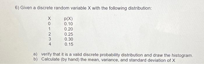 Solved 6) Given a discrete random variable X with the | Chegg.com