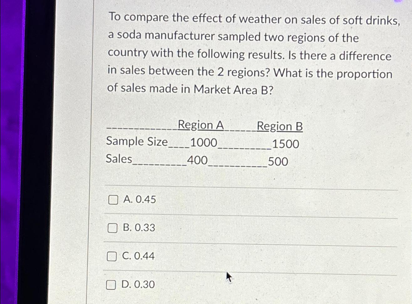 Solved To compare the effect of weather on sales of soft | Chegg.com