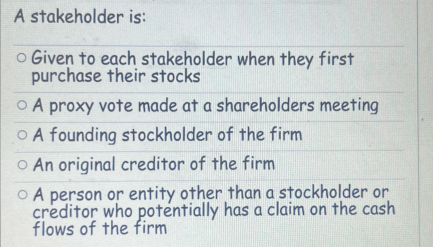 Solved A stakeholder is:Given to each stakeholder when they | Chegg.com