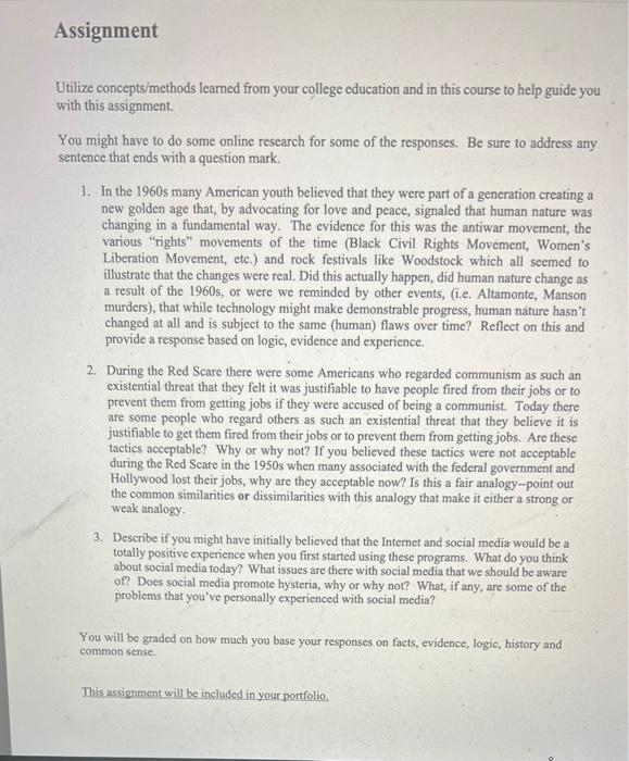 Assignment Utilize concepts/methods learned from your | Chegg.com