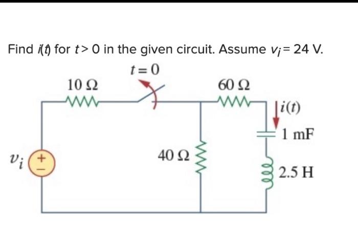 Solved Find i(t) for t>O in the given circuit. Assume v;= 24 | Chegg.com