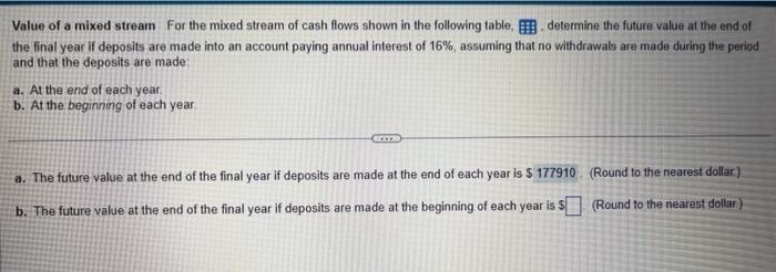 Solved Value of a mixed stream For the mixed stream of cash | Chegg.com