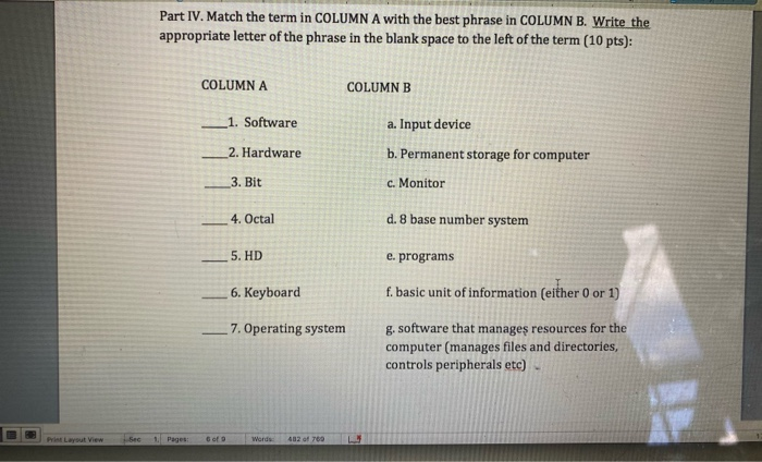 Solved Part IV. Match the term in COLUMN A with the best | Chegg.com