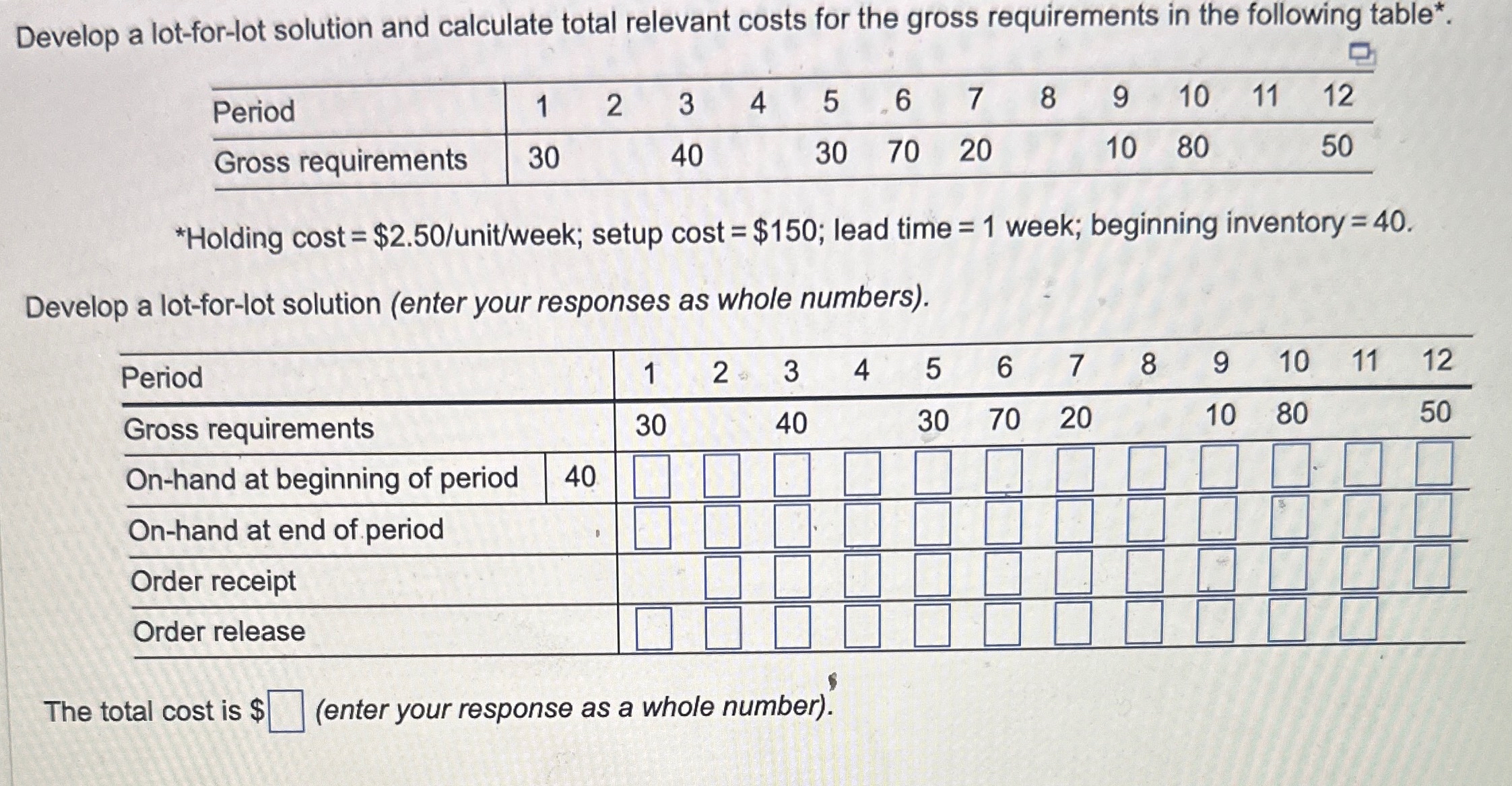 Solved Develop a lot-for-lot solution and calculate total | Chegg.com