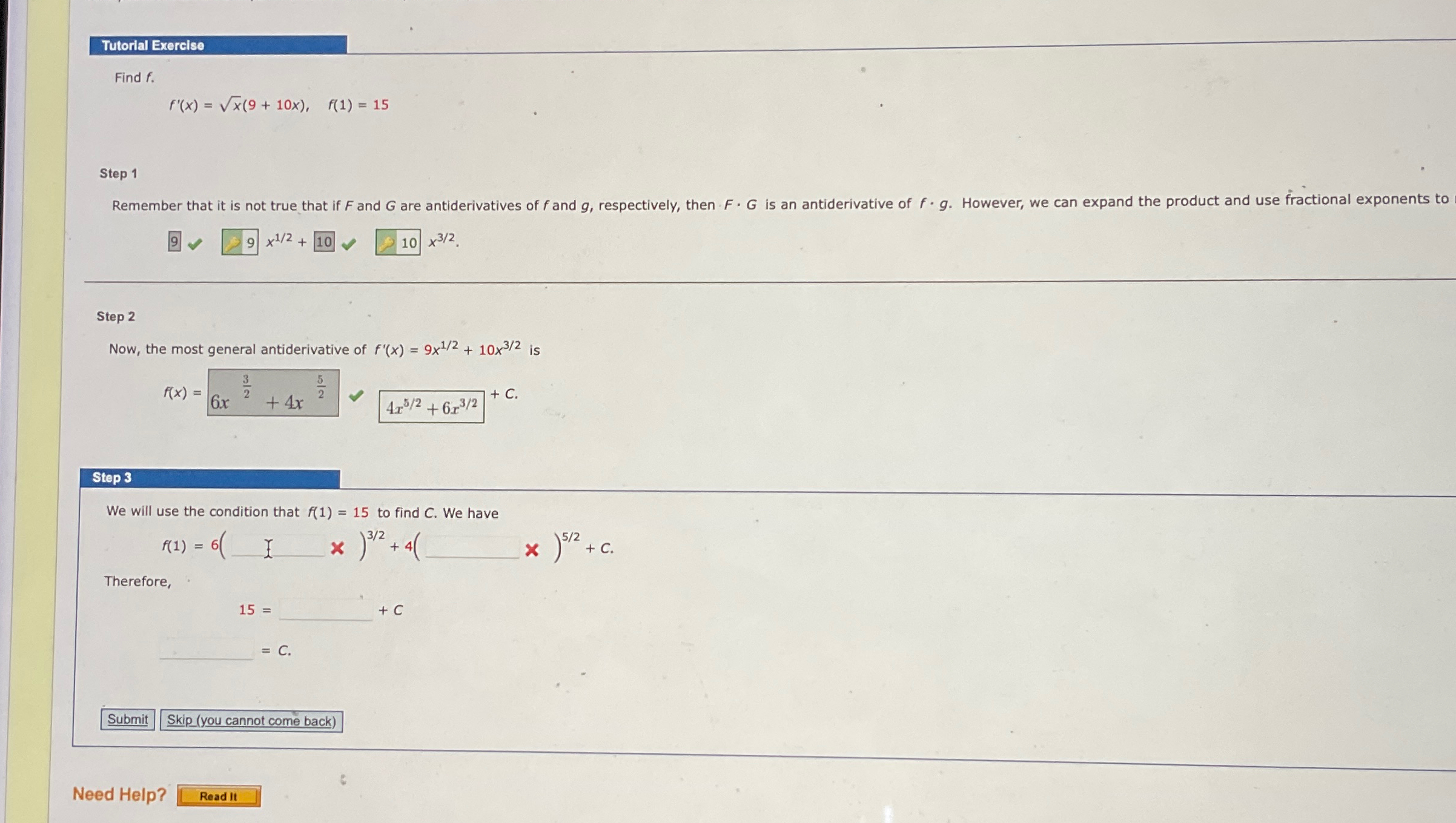 Solved Tutorial ExerciseFind f.f'(x)=x2(9+10x),f(1)=15Step | Chegg.com