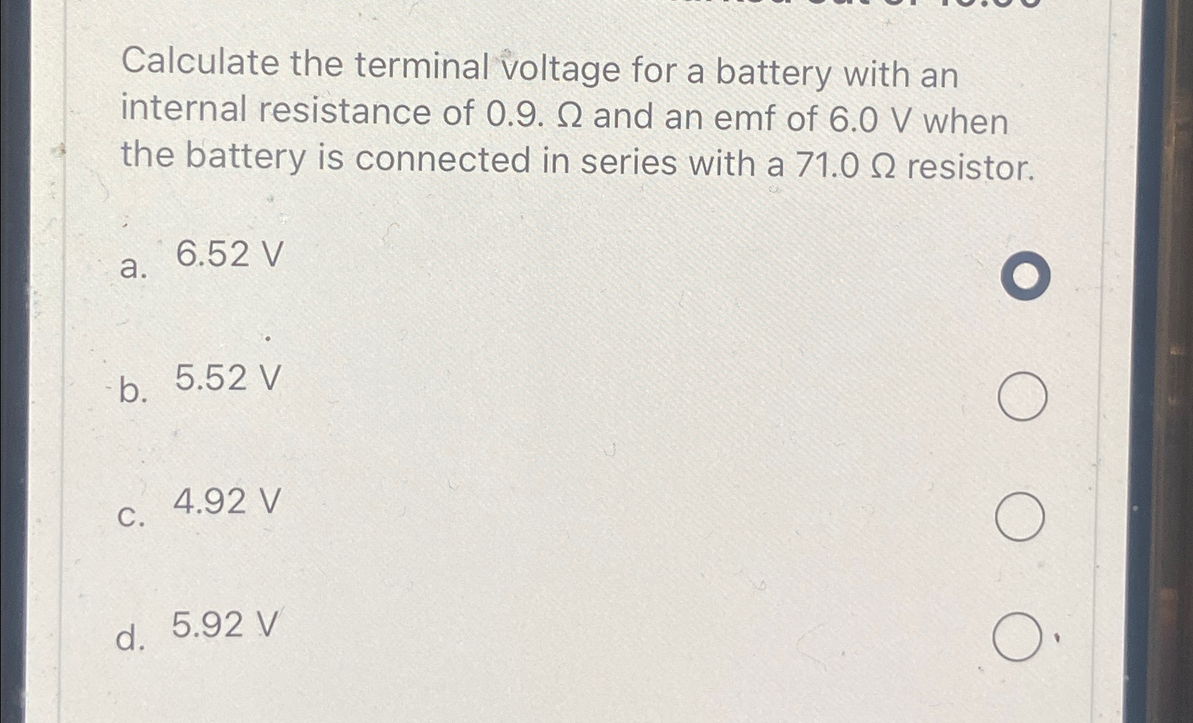 Solved Calculate the terminal voltage for a battery with an | Chegg.com