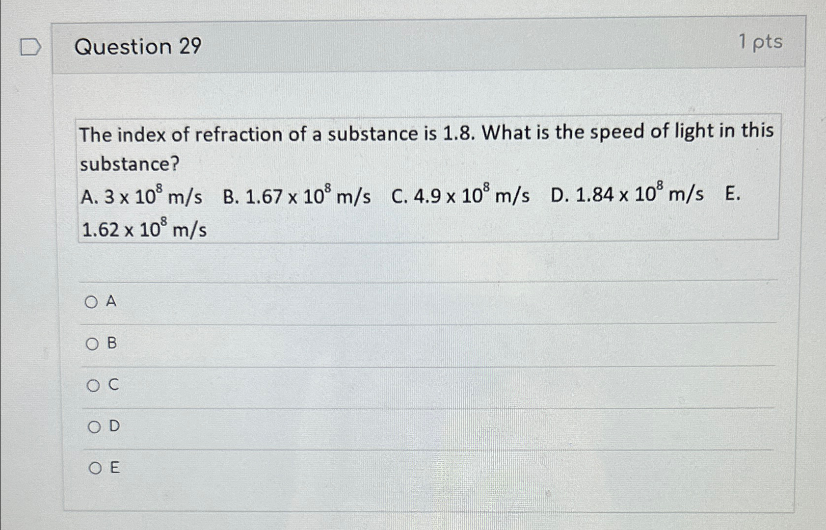 Solved Question 291 ﻿ptsThe index of refraction of a | Chegg.com