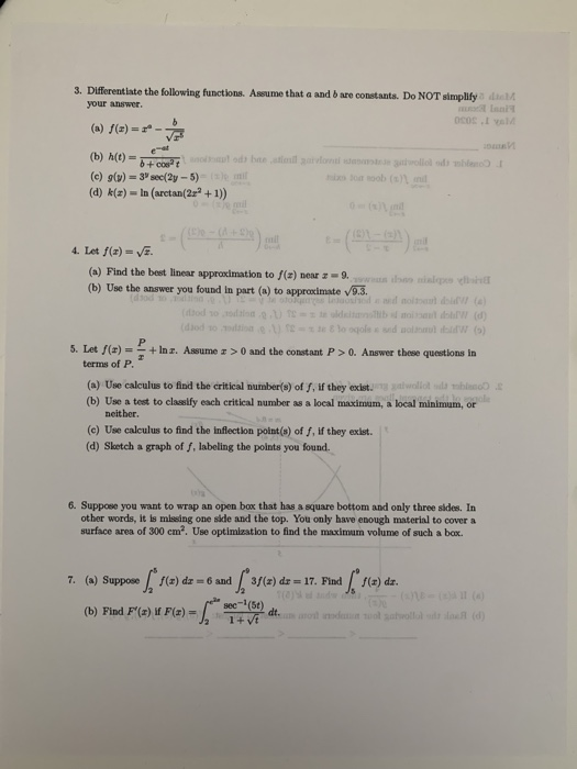 Solved 3. Differentiate the following functions. Assume that | Chegg.com