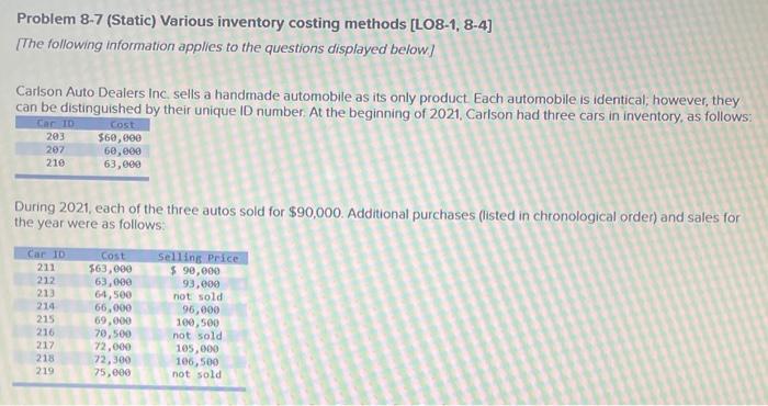 Solved Problem 8-7 (Static) Various inventory costing | Chegg.com